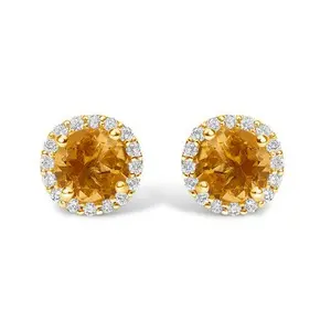 HAUS OF BRILLIANCE 10k Gold Gemstone And Diamond Halo Stud Earrings - Yellow | Orange Citrine